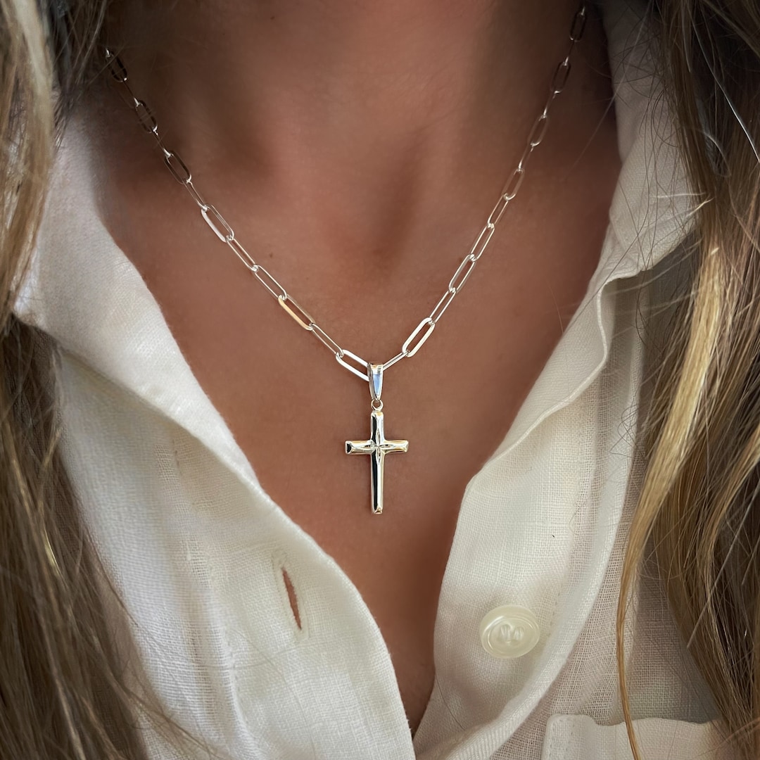 925 Silver Cross Necklace | Flat Paperclip Chain, 3.5mm - Etsy