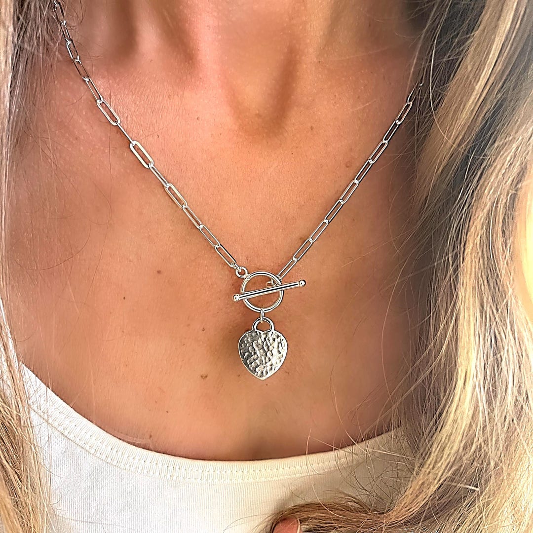 Silver Paperclip Heart Toggle Necklace 925 Sterling Silver Flat Link ...