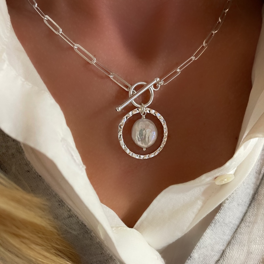 Silver Paperclip Pearl Toggle Clasp Necklace Flat Drawn Cable Chain 925 ...