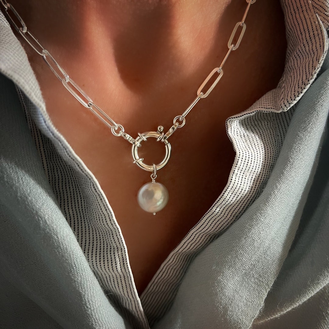 925 Silver Flat Paperclip Necklace | Optional Removable Pearl Pendant ...