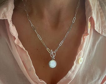Silver Toggle Coin Pearl Necklace | Flat Paperclip Chain | 925 Sterling ...