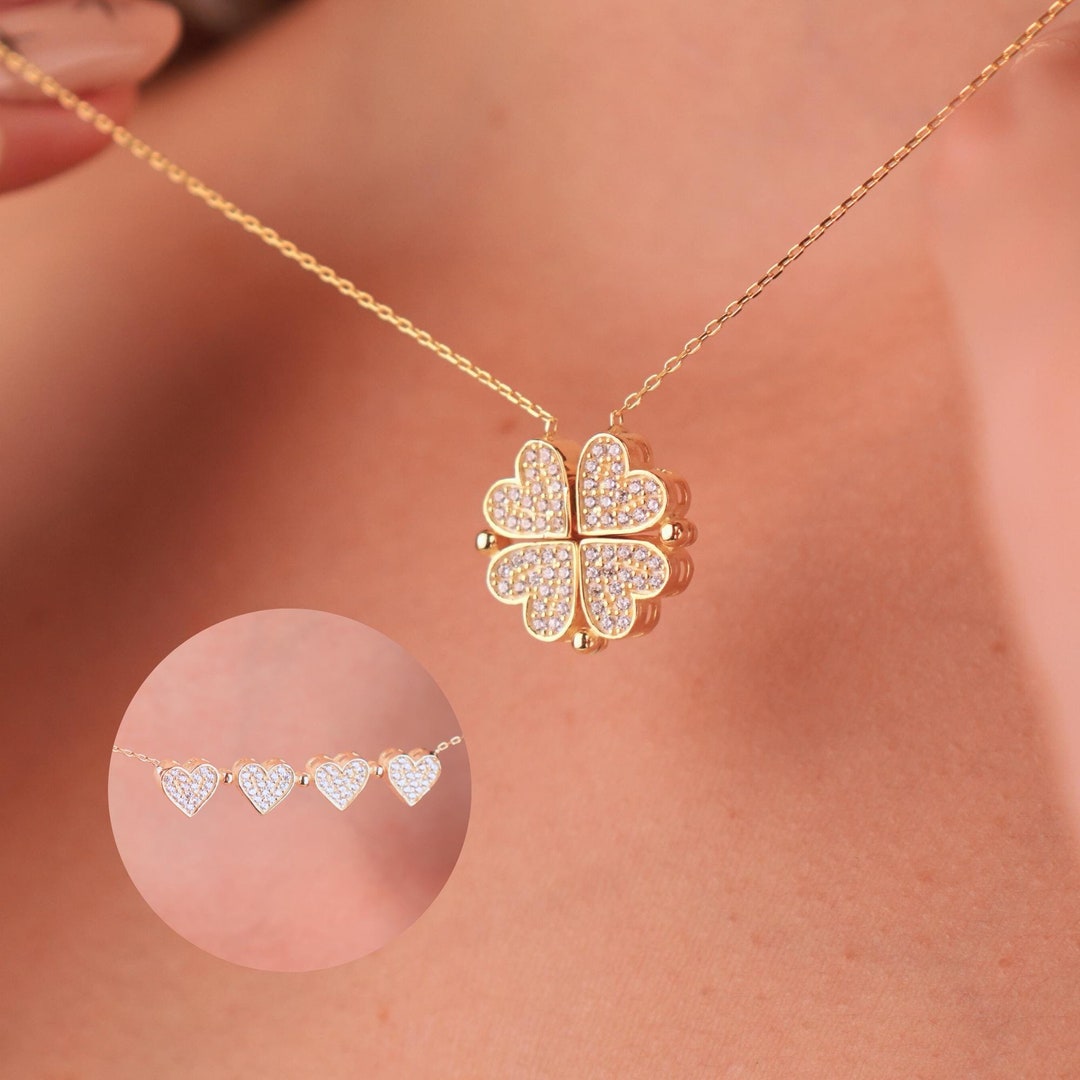 14K Gold Heart & Clover Necklace, Gift for Her, Gift for Women, Heart ...