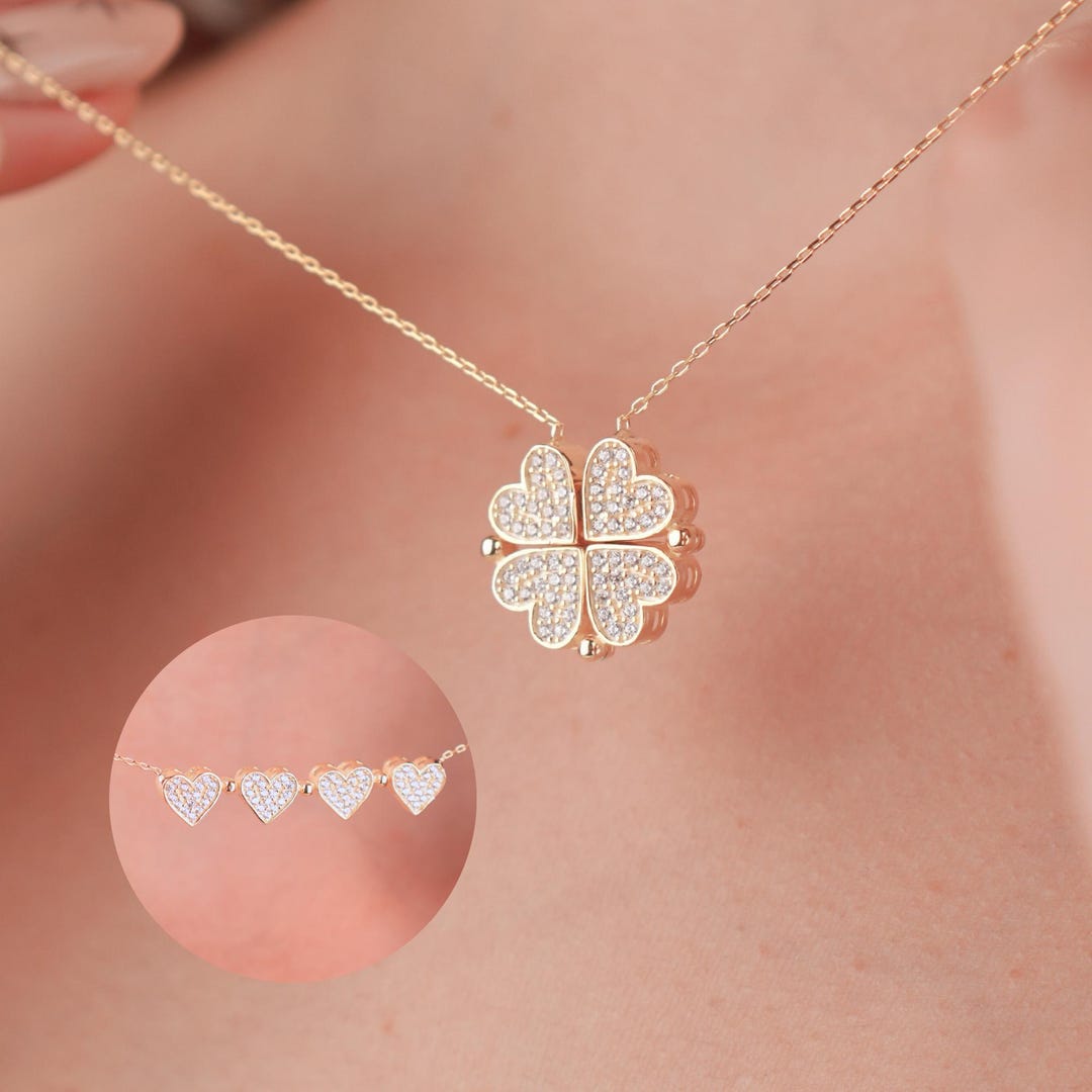 14K Gold Heart & Clover Necklace • Valentines Day Gift • Luck Pendant ...