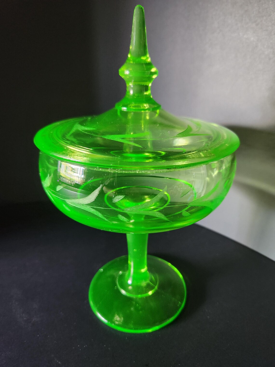 Etched Uranium Glass Candy Dish With Lid - Etsy