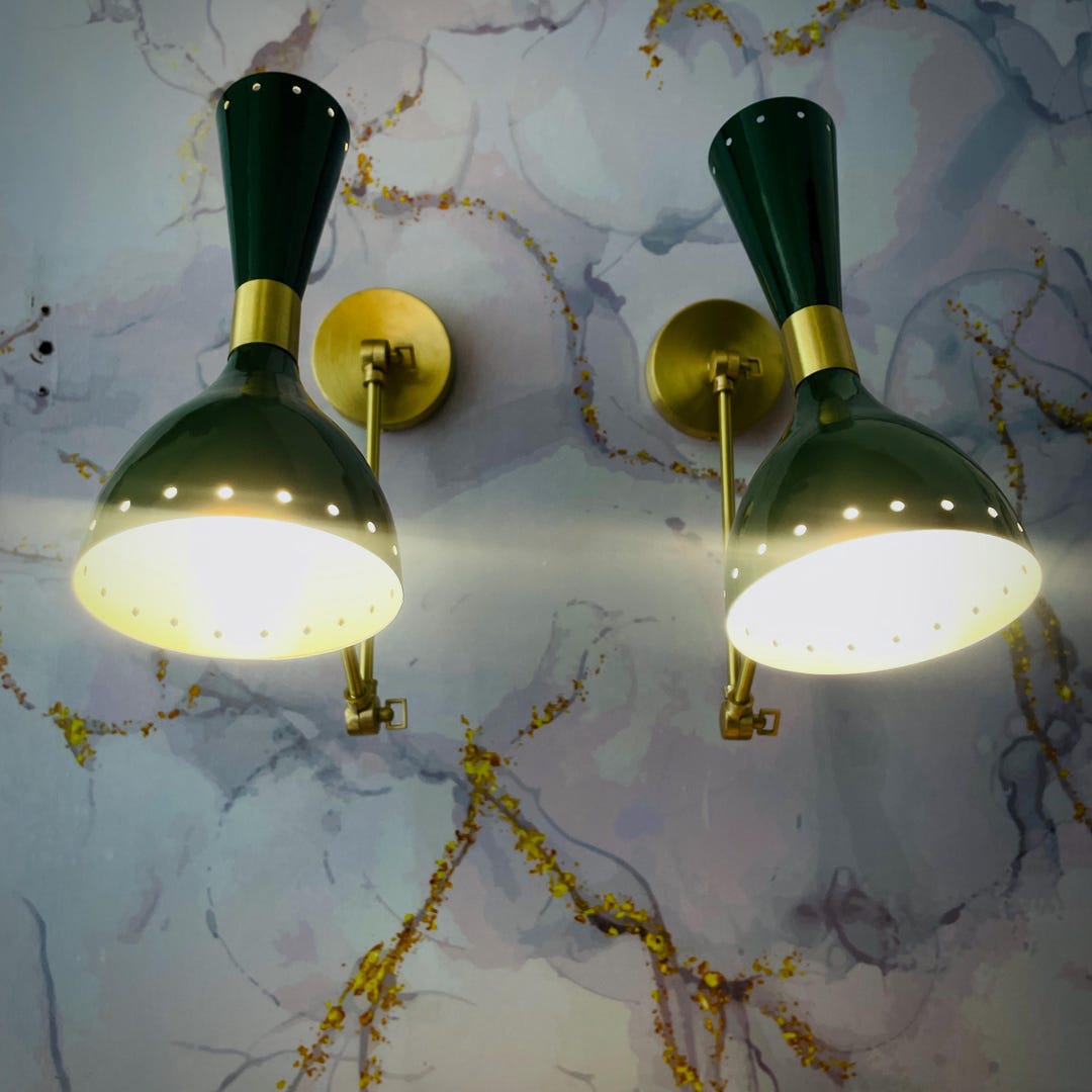 1950's Mid Century Brass Wall Sconce Pair, Malachite Green Set of 2 ...