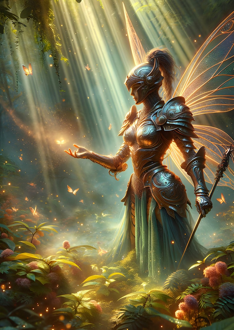 Warrior Fairy With Shiny Copper Armor in Fantasy Forest - Digital ...