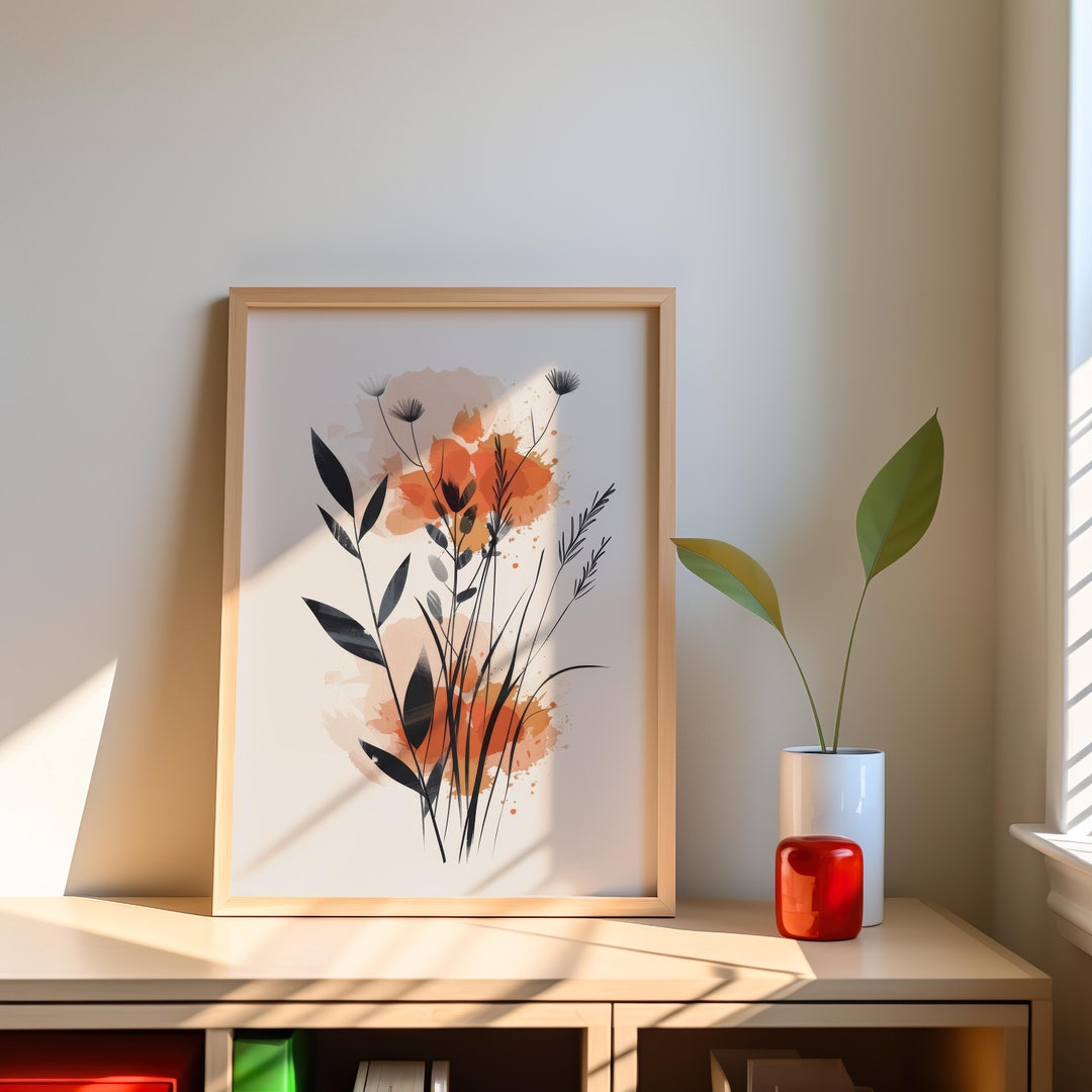 Minimalist Flowers Poster, Zen Orange Botanical Art Print, Natural ...