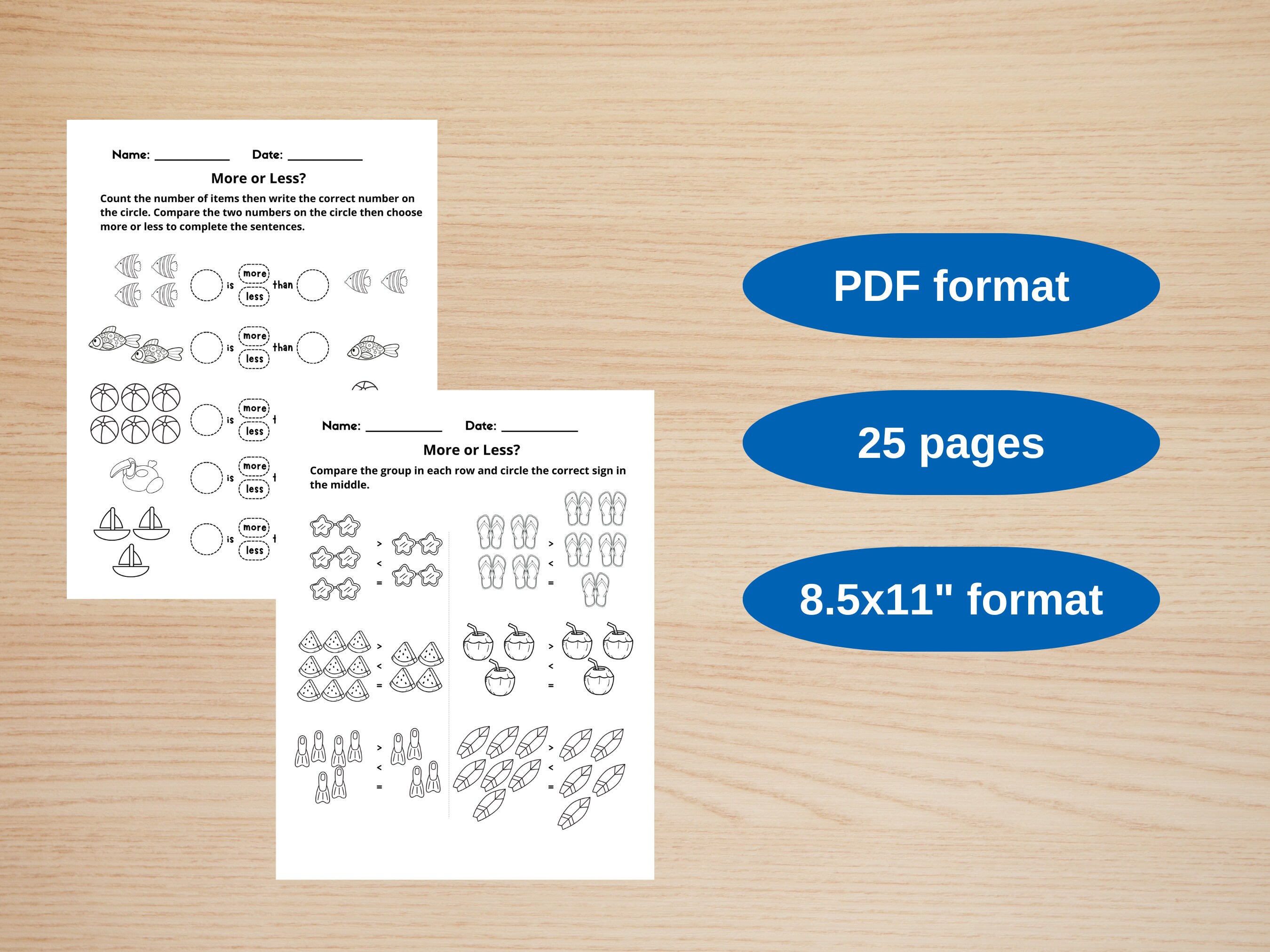 25 MORE or LESS Worksheets, Greater or Less Than Printables, Preschool ...