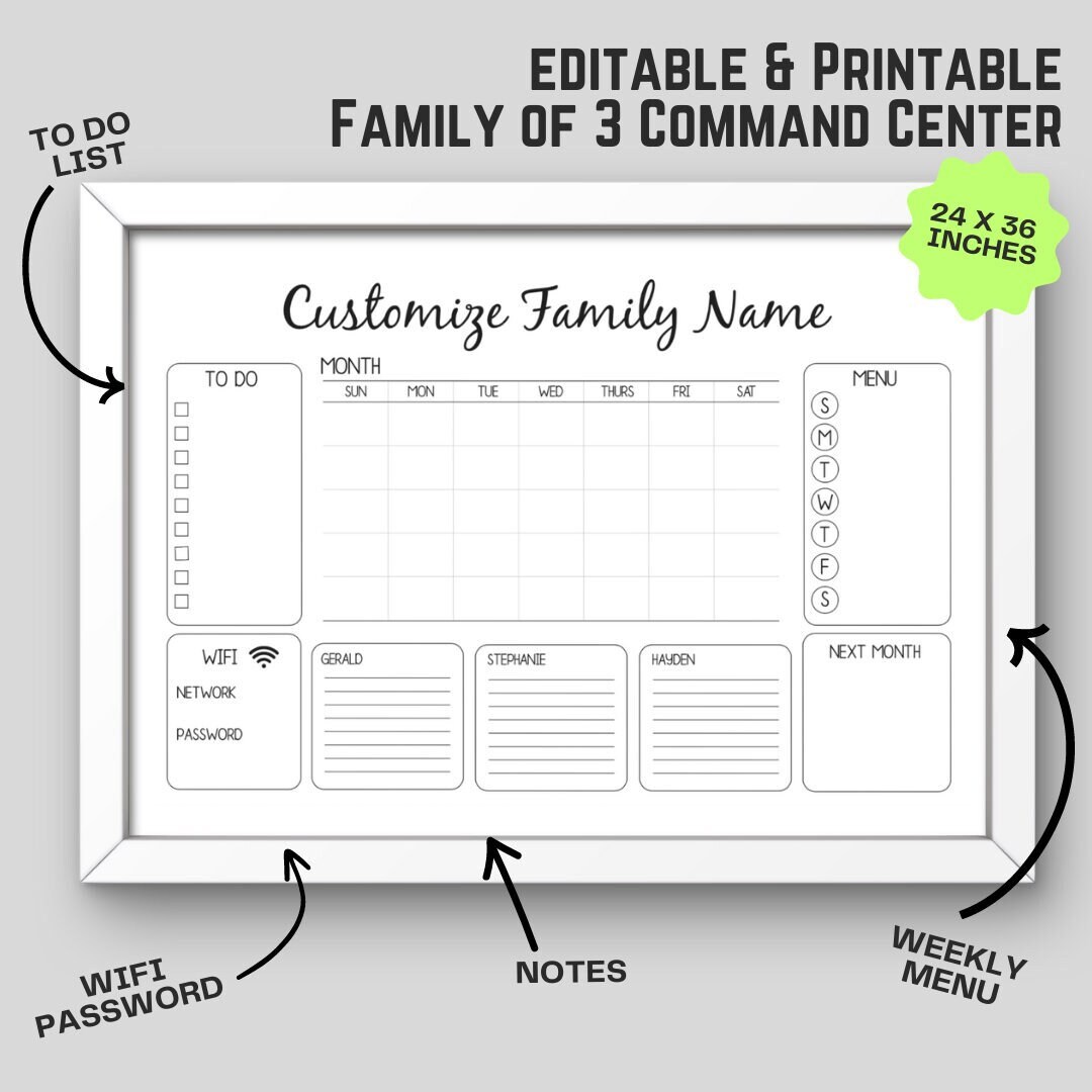 Family of 3 Editable Dry Erase Family Command Center With Wall Calendar ...
