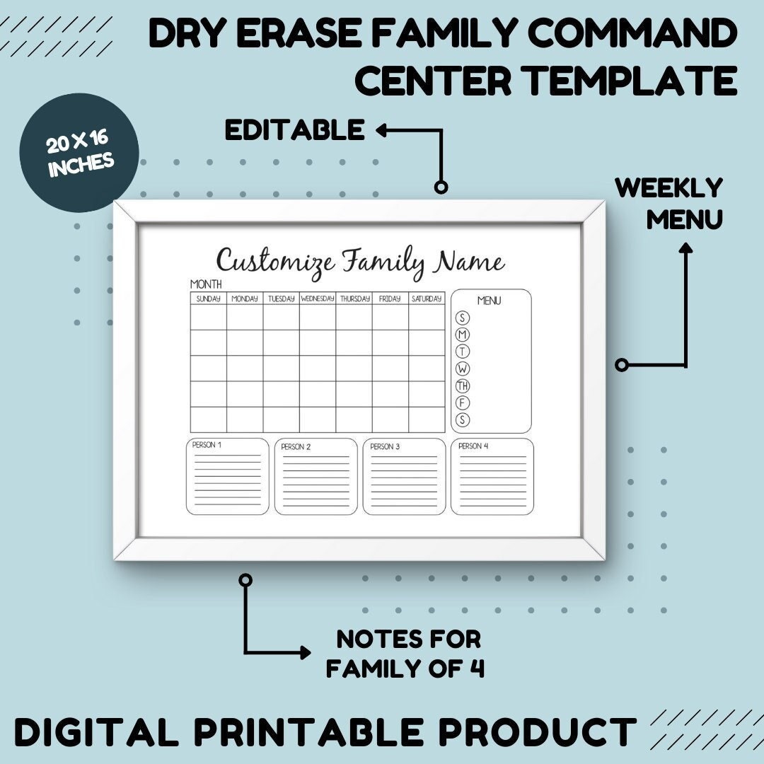 Editable Dry Erase Family Command Center With Calendar and Menu ...