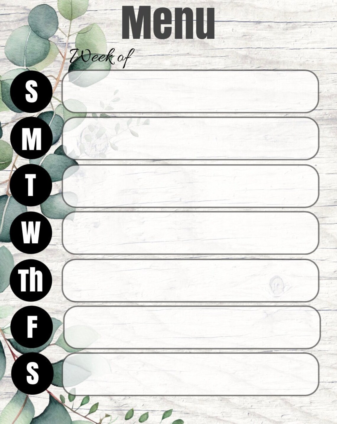 Printable Weekly Menu, Weekly Calendar, Rustic, White Wood, Eucalyptus ...