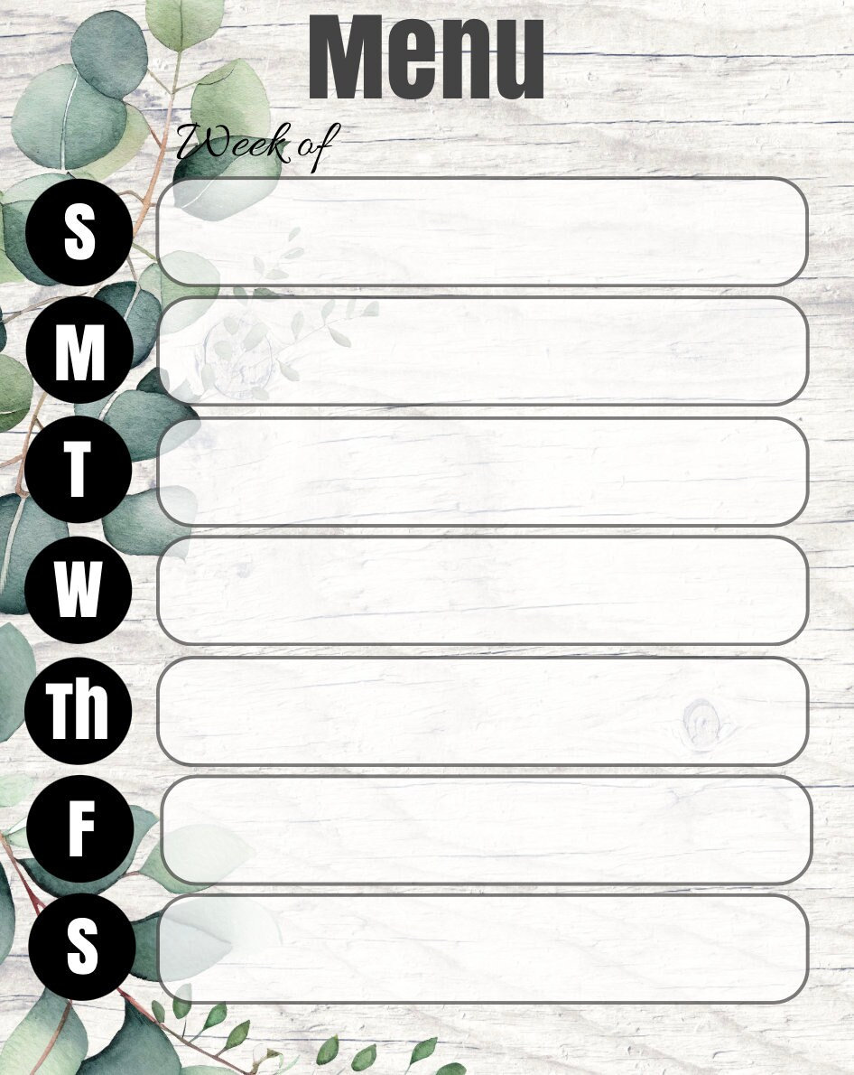 Printable Weekly Menu, Weekly Calendar, Rustic, White Wood, Eucalyptus ...