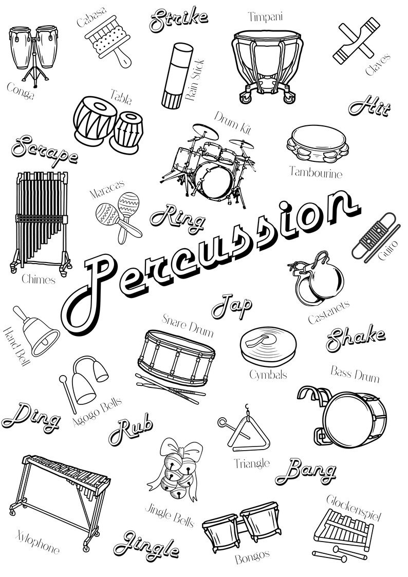 Percussion Colouring Sheets- 22 Instruments in One Image All With Names ...