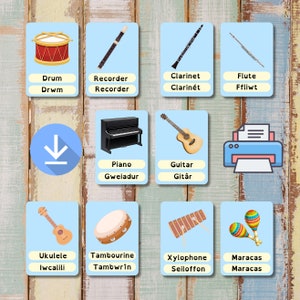 English Welsh Bilingual Dyslexia Friendly Musical Instrument Flashcards ...