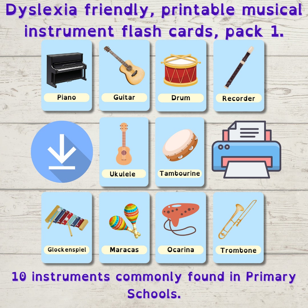 Pack 1-dyslexia/ Autism Friendly Musical Instrument Flashcards Common ...