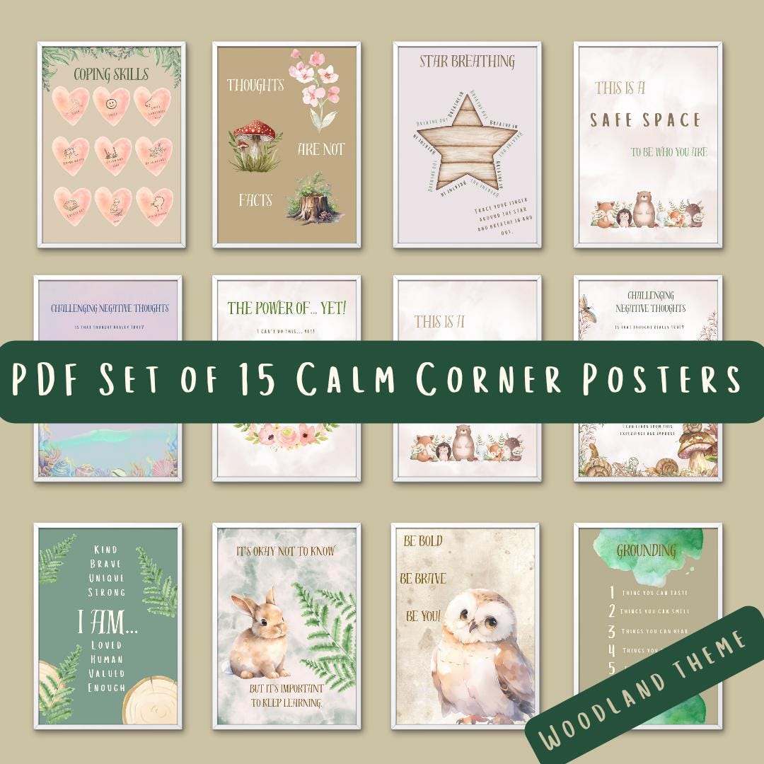 Woodland Calm Corner Posters: Watercolor Animal Theme, Classroom Decor ...