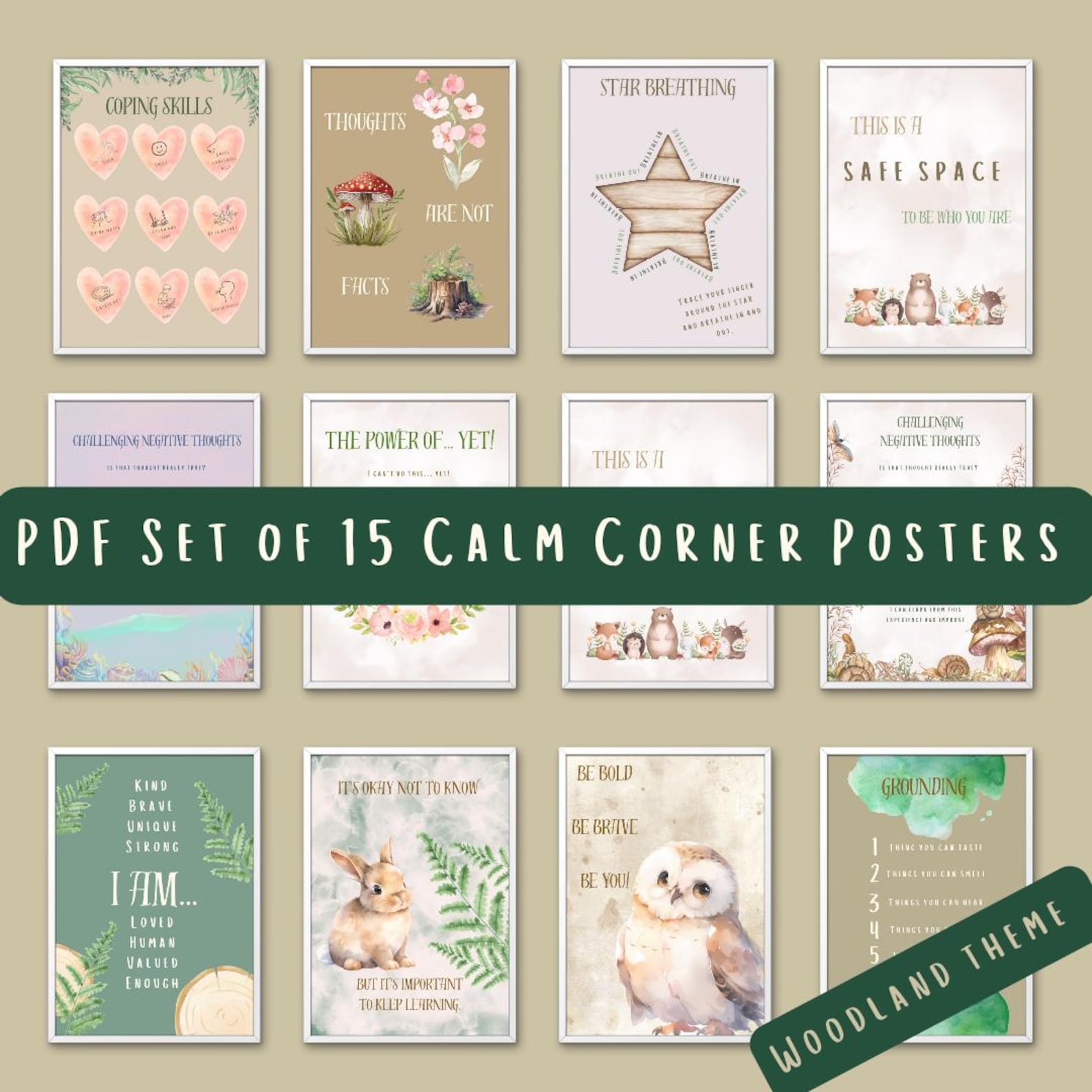 Woodland Calm Corner Posters: Watercolor Animal Theme, Classroom Decor ...