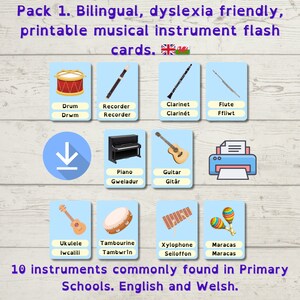 English Welsh Bilingual Dyslexia Friendly Musical Instrument Flashcards ...