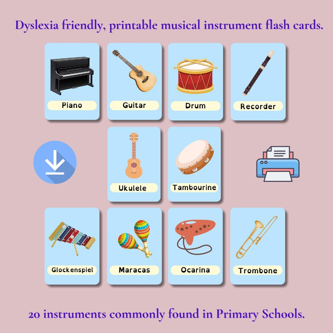 Dyslexia Font Autism Friendly Musical Instrument Flashcards Low Ink ...
