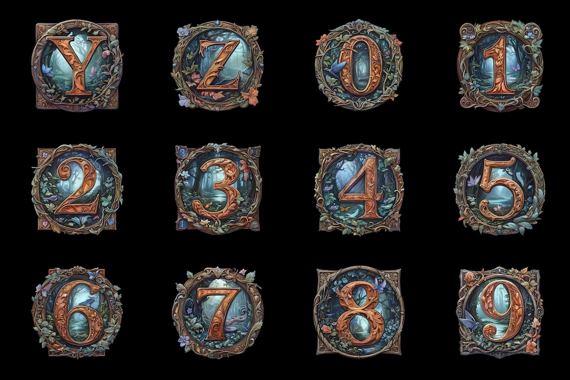 Elven Forest Alphabet PNG – 36 Letters & Numbers | Fantasy Font, High ...