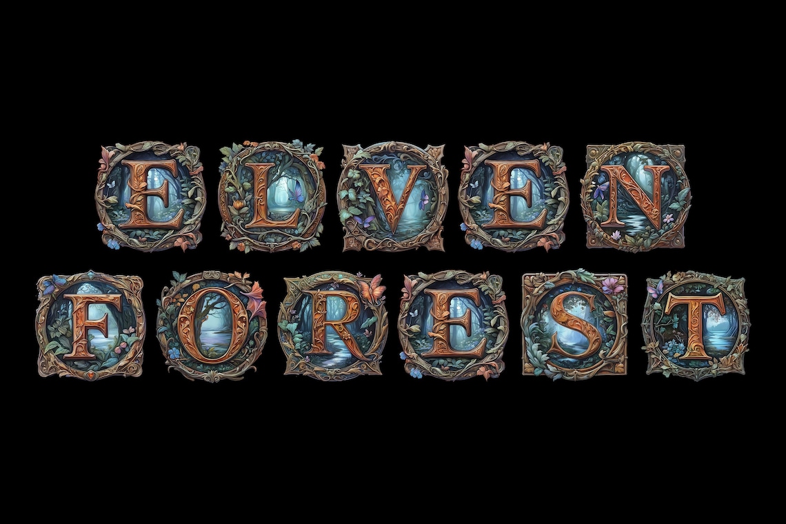 Elven Forest Alphabet PNG – 36 Letters & Numbers | Fantasy Font, High ...