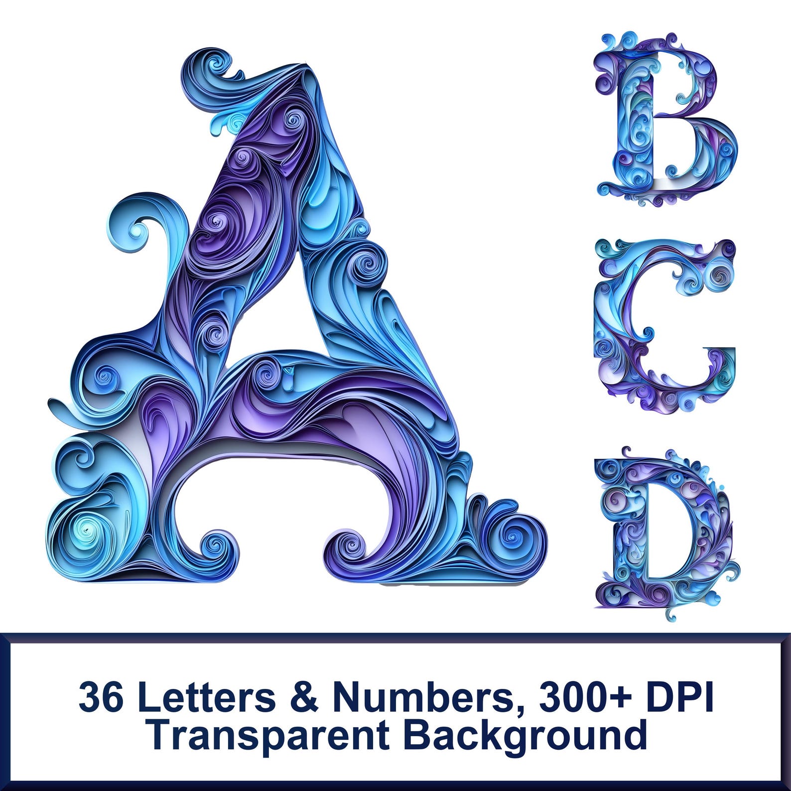 Ocean Swirl Alphabet PNG – 36 Letters & Numbers | High-res, Transparent ...