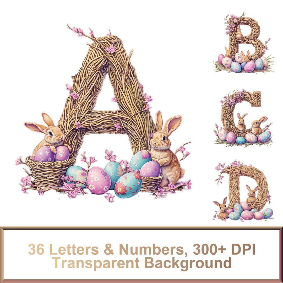 Easter Egg Alphabet PNG – 36 Letters & Numbers | Easter Rabbit Font ...