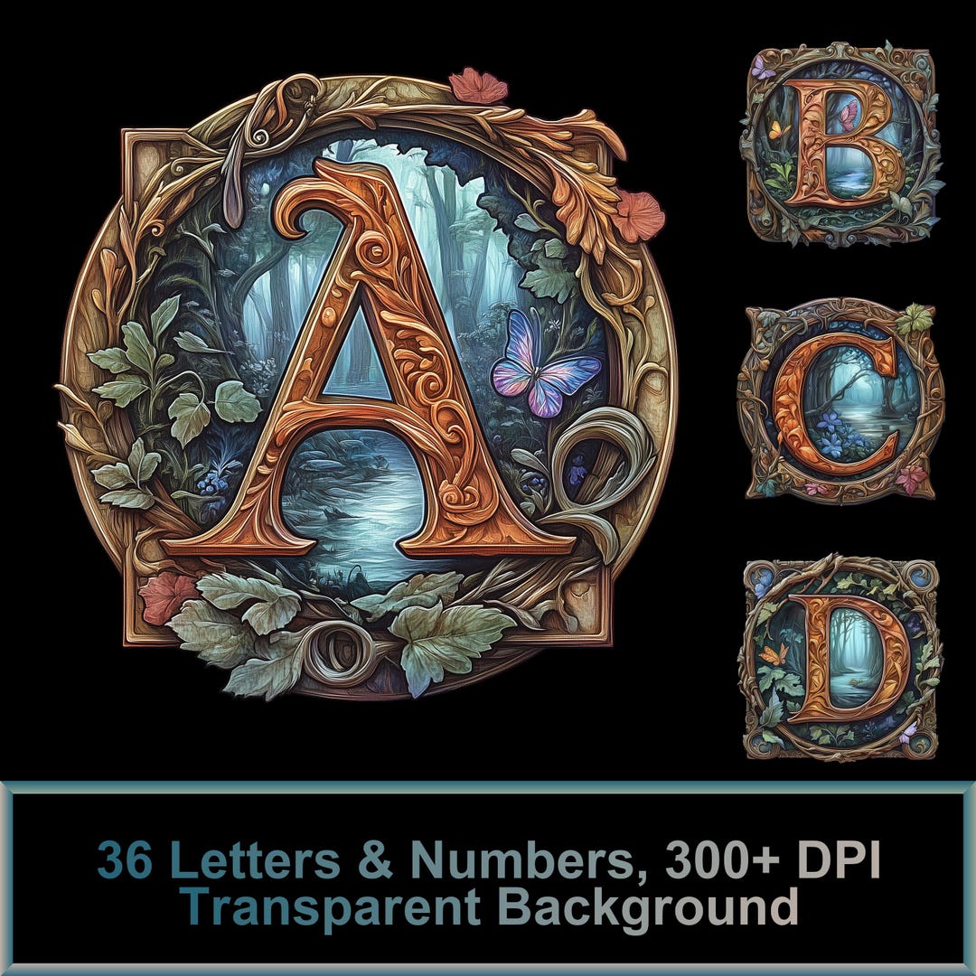 Elven Forest Alphabet PNG – 36 Letters & Numbers | Fantasy Font, High ...