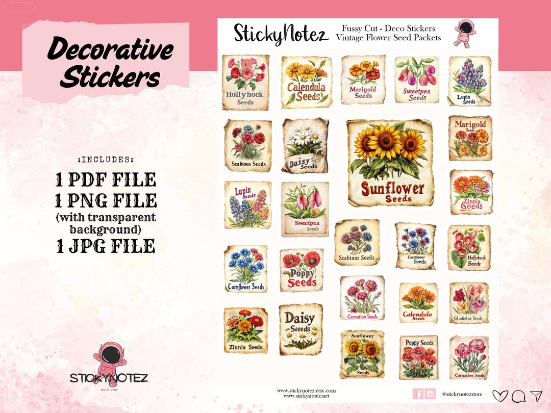 Vintage Flower Seed Packets | Kiss Cut | Decorative Printable Stickers ...