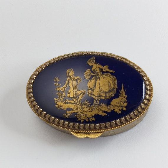 Vintage cobalt blue and gold oval pill box with court… - Gem