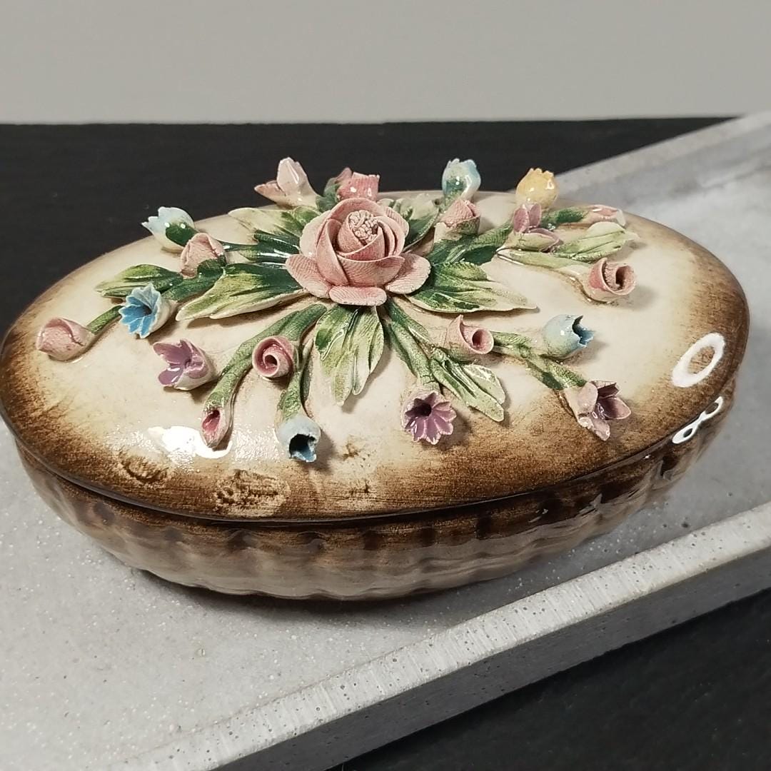 Vintage Porcelain Oval Trinket Box With Floral Molding Décor - Etsy