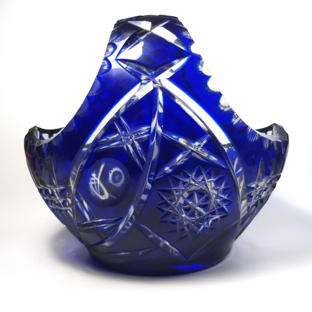 Large Crystal Cobalt Blue Crystal Basket Bowl, Bohemian Hand Cut to ...