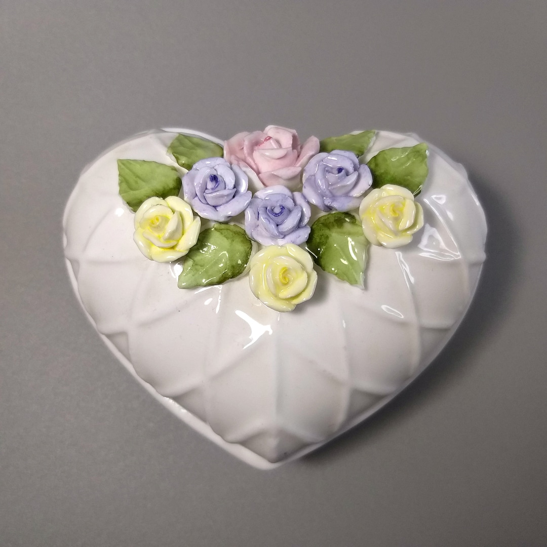 Heart Shaped Porcelain Trinket Box With Floral Molding Décor - Etsy
