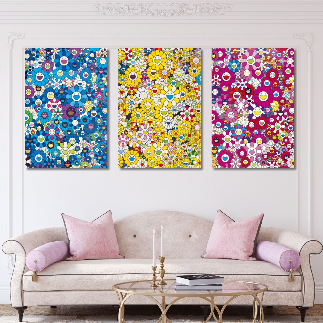 Set of 3 Takashi Murakami Flowers With Smiley Faces Canvas Wall Art ...