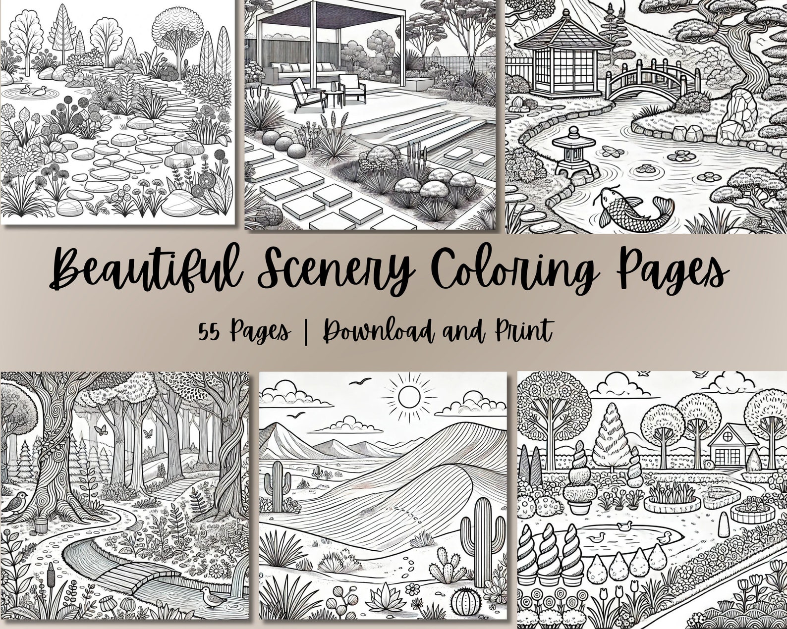 Scenery Coloring Pages | Mountains Forests Gardens Beaches Vineyards ...