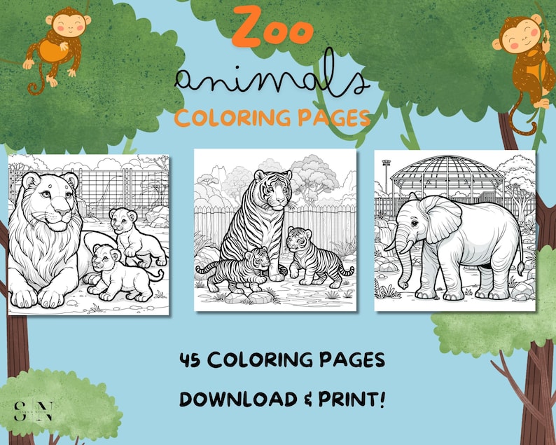 Animal Coloring Pages Zoo Wild Animals Tiger Lion Giraffe Elephant Kid ...