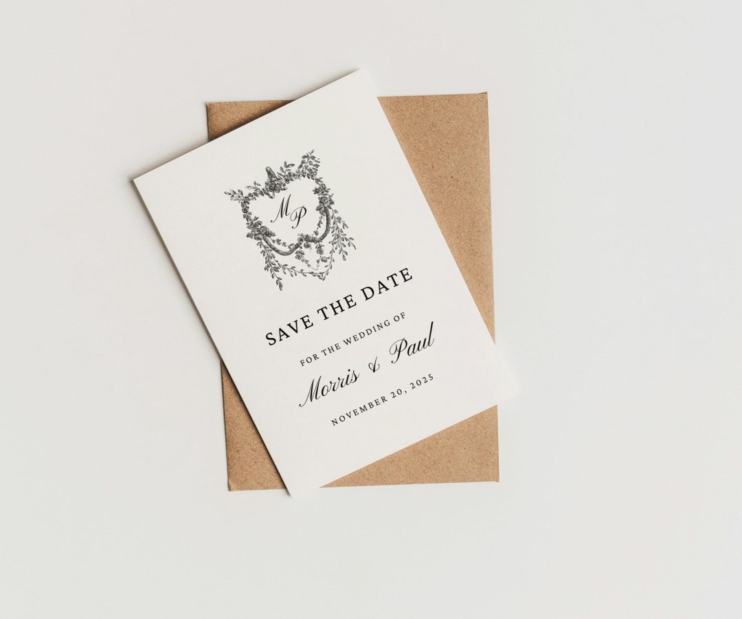 Elegant Black & White Save the Date With Vintage Crest - Digital ...