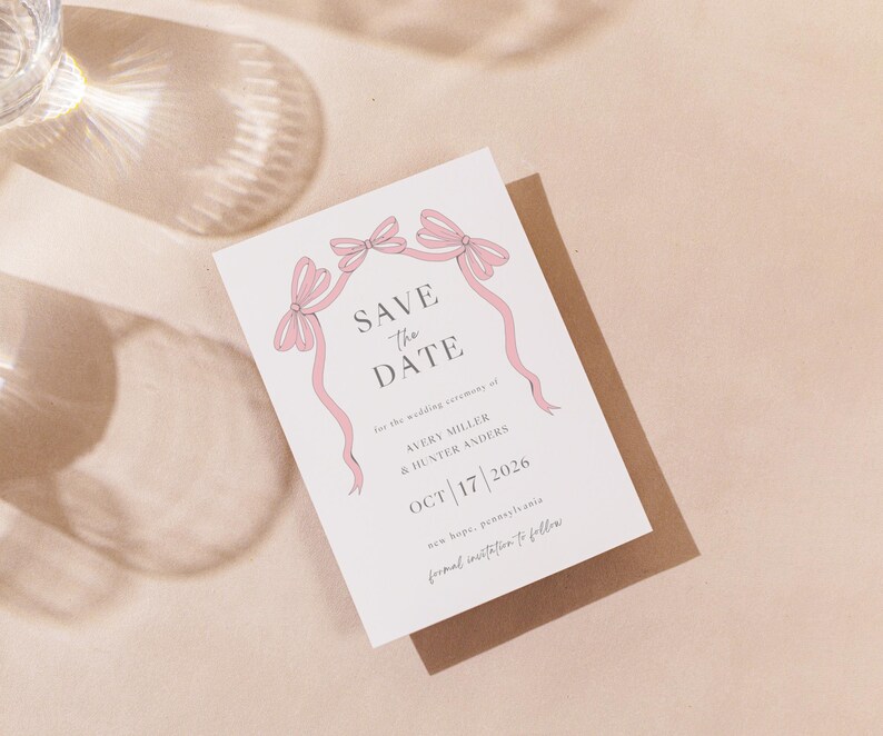 Romantic Pink Bow Save the Date Template | Editable Wedding ...