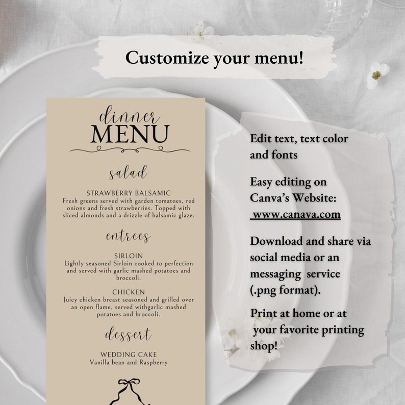 EDITABLE Wedding Menu Template | Modern Minimalist | Black Ribbon ...