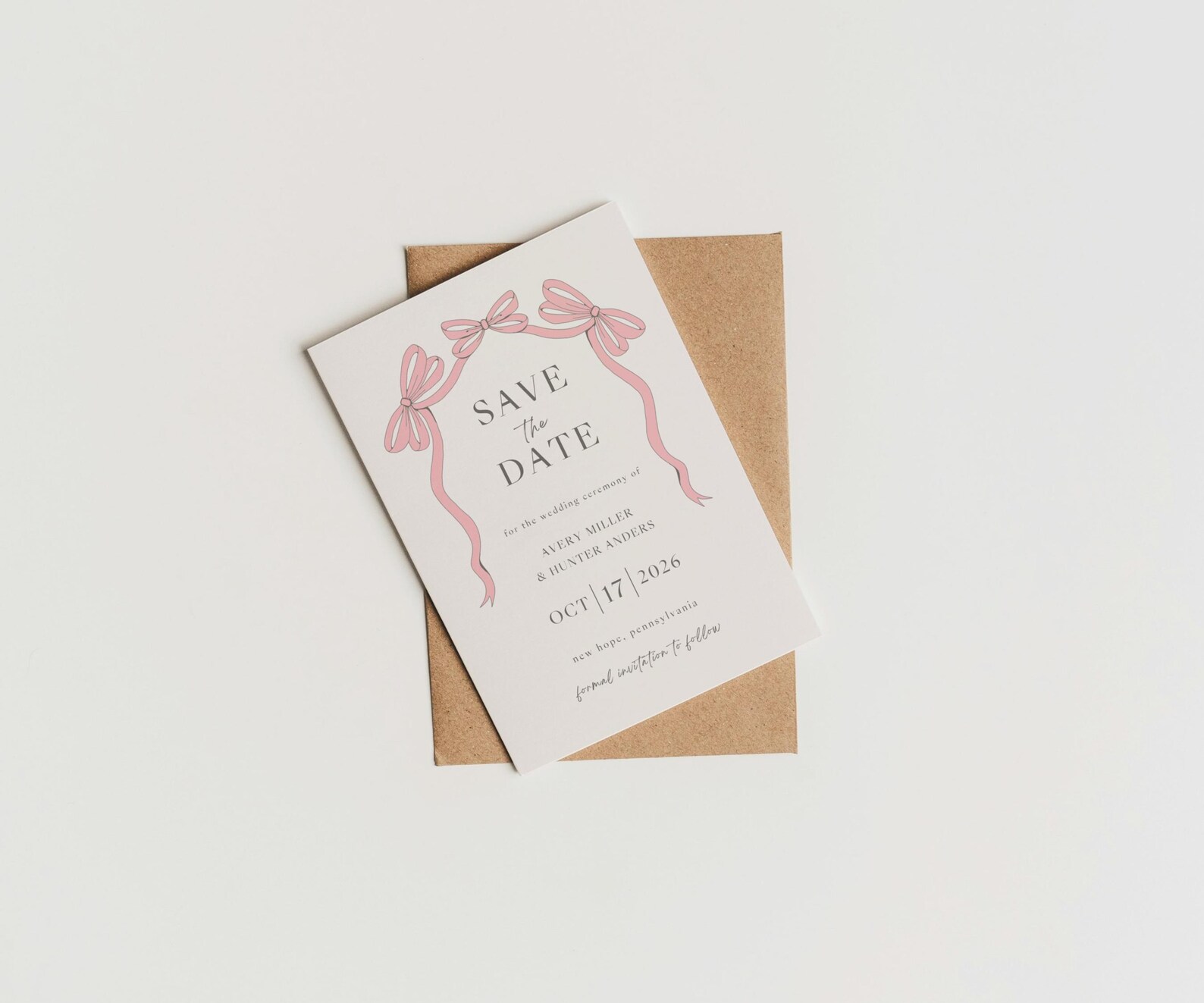 Romantic Pink Bow Save the Date Template | Editable Wedding ...