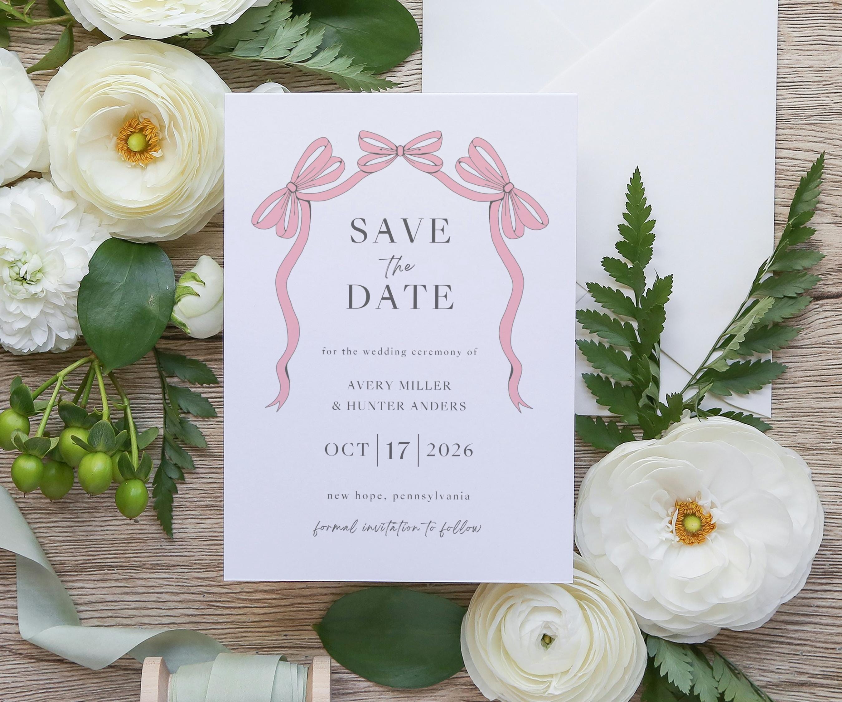 Romantic Pink Bow Save the Date Template | Editable Wedding ...