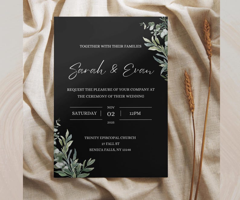 Black Greenery Wedding Invitation Template (digital Download) - Etsy