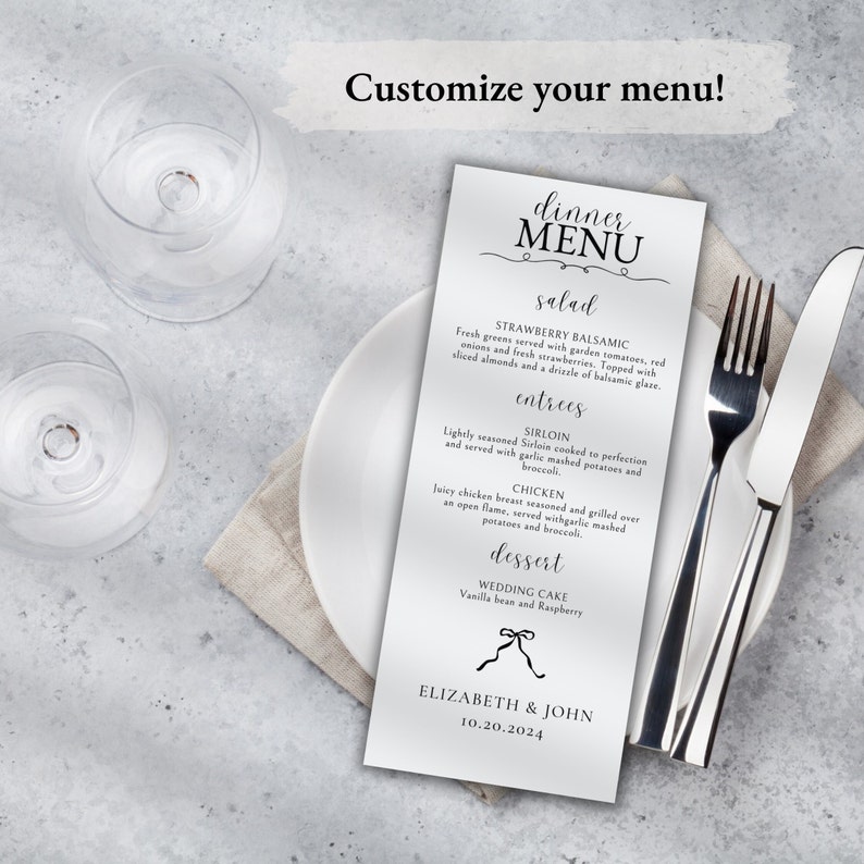 EDITABLE Wedding Menu Template | Modern Minimalist | Black Ribbon ...
