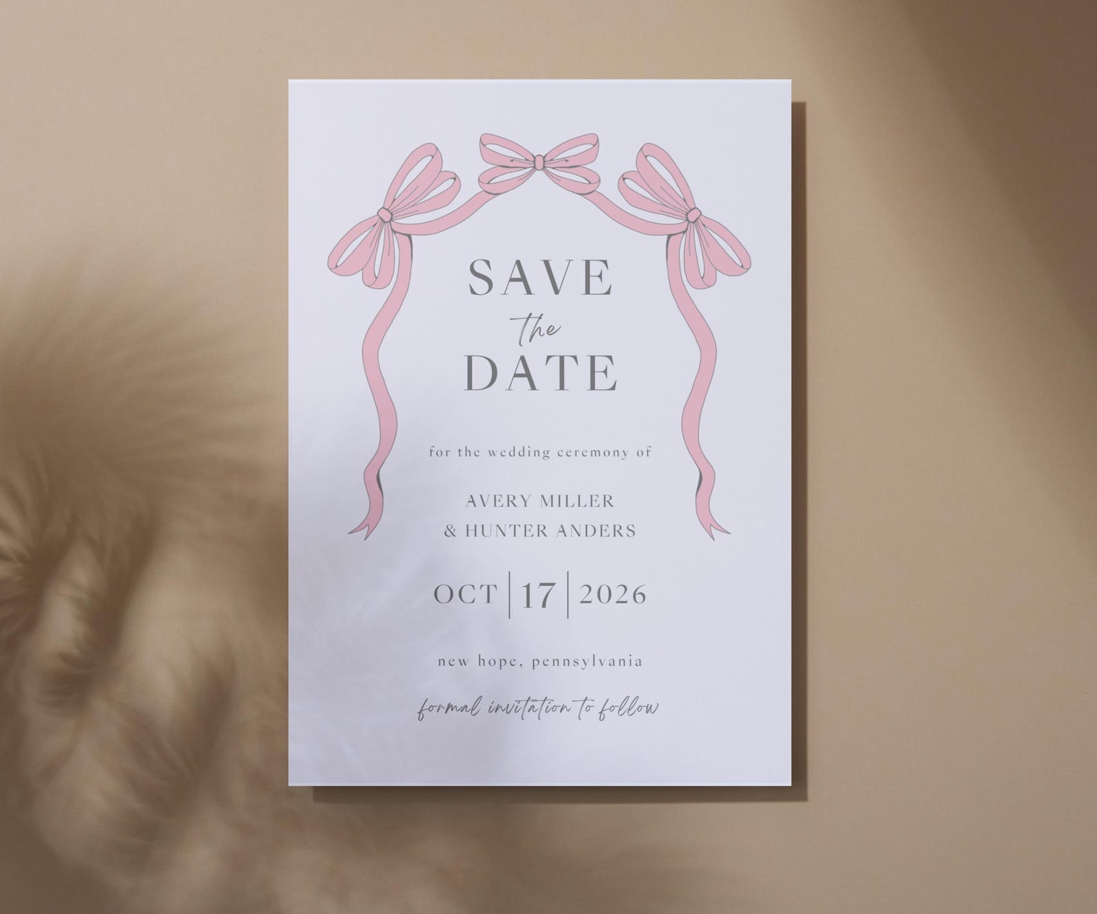 Romantic Pink Bow Save the Date Template | Editable Wedding ...