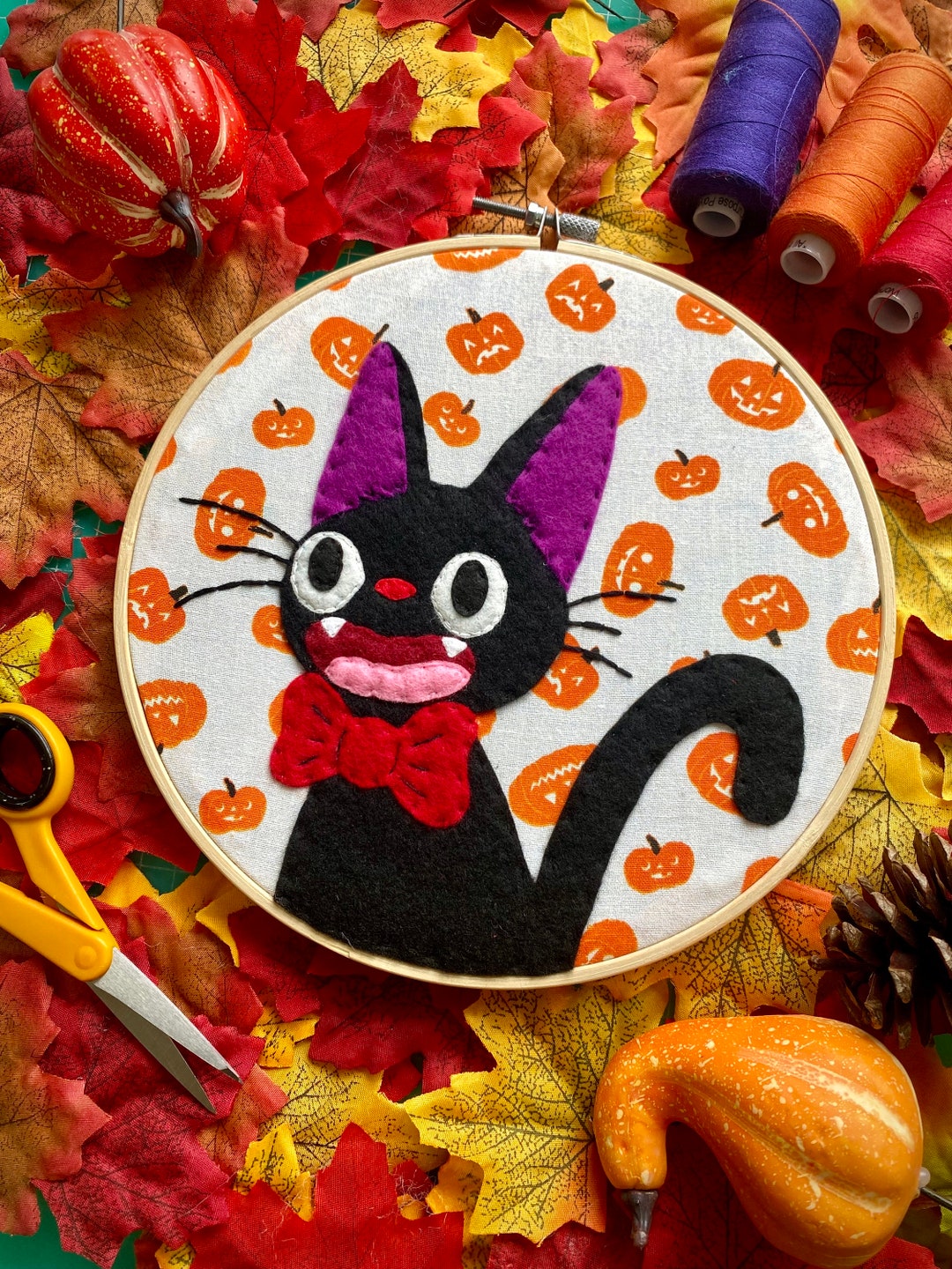 Glow in the Dark Jiji Embroidery Hoop- Handmade Black Cat Wall Hanging ...