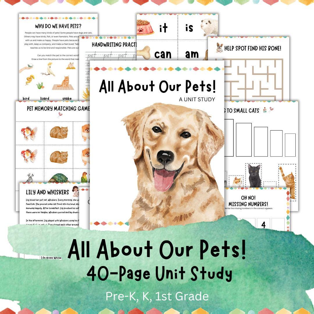 Pets Unit Study: Math, Reading, Writing, Puzzles (prek-1st Grade ...