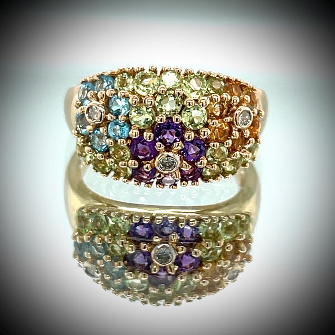 14k Multi Gemstone Flower Bouquet Ring Set in Yellow Gold - Etsy