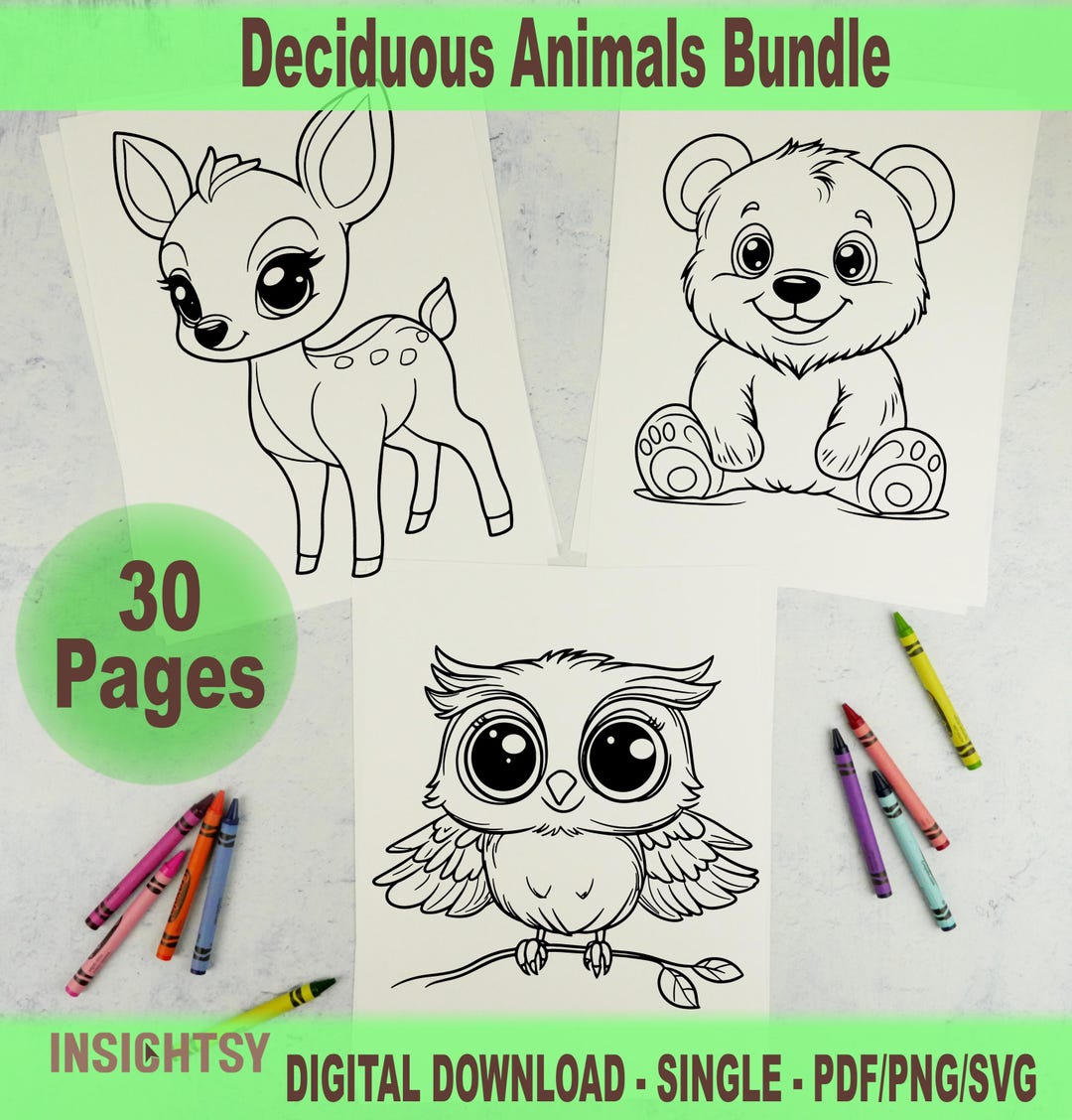 Big-eyed Forest Friends Coloring Bundle - 30 Cute Deciduous Animals ...