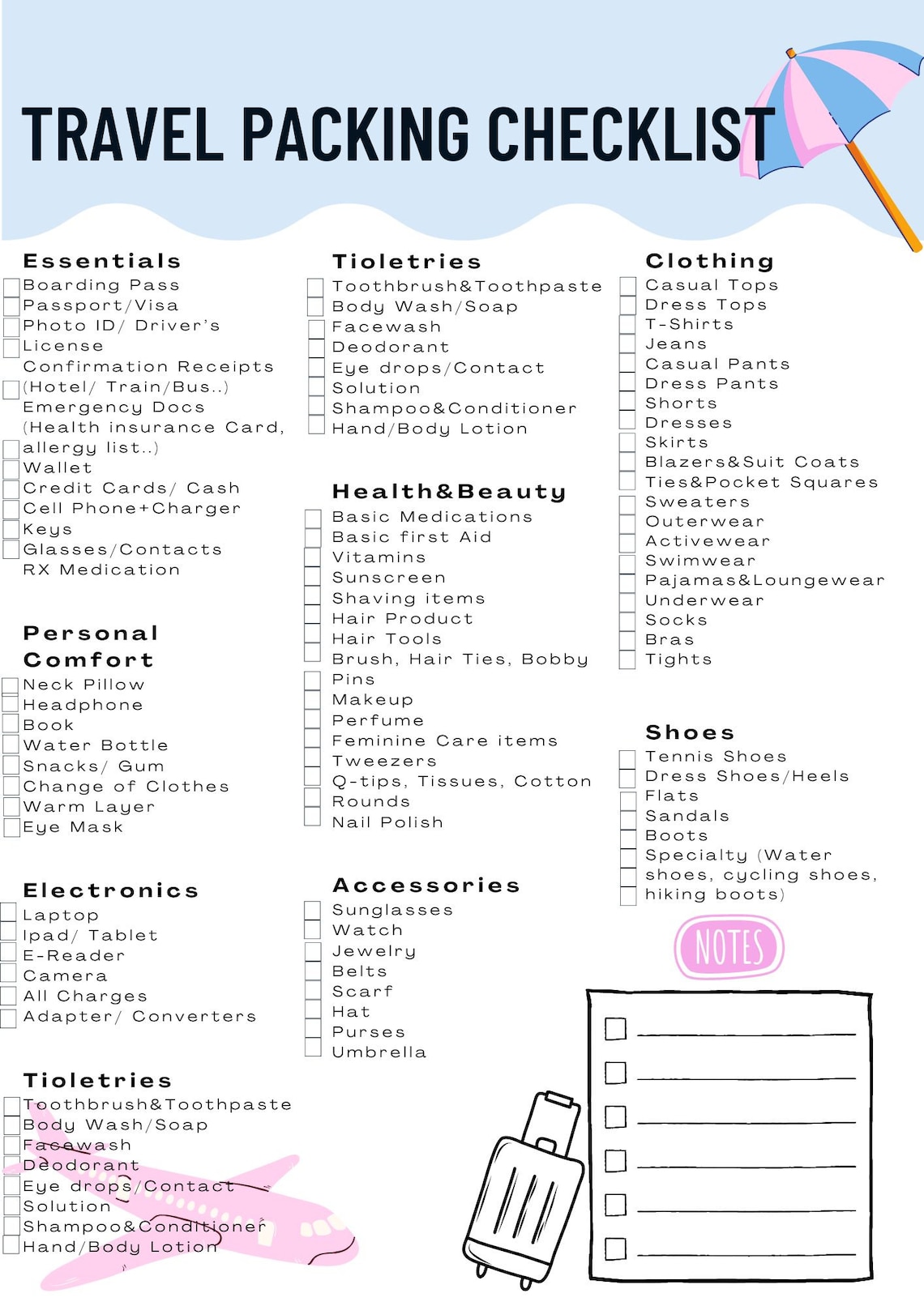 Checklist, Travel Checklist, Packing Travel Checklist, Digital ...