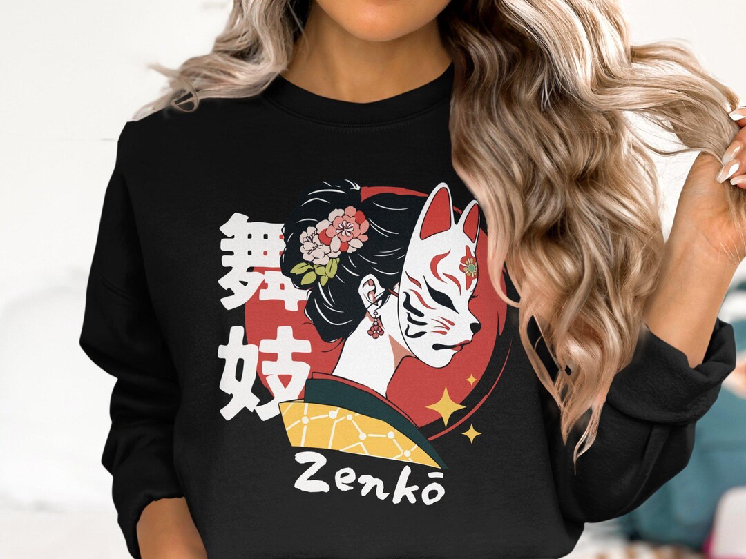 Japanese Kitsune Mask Geisha Sweatshirt, Zenko Fox Art, Traditional ...